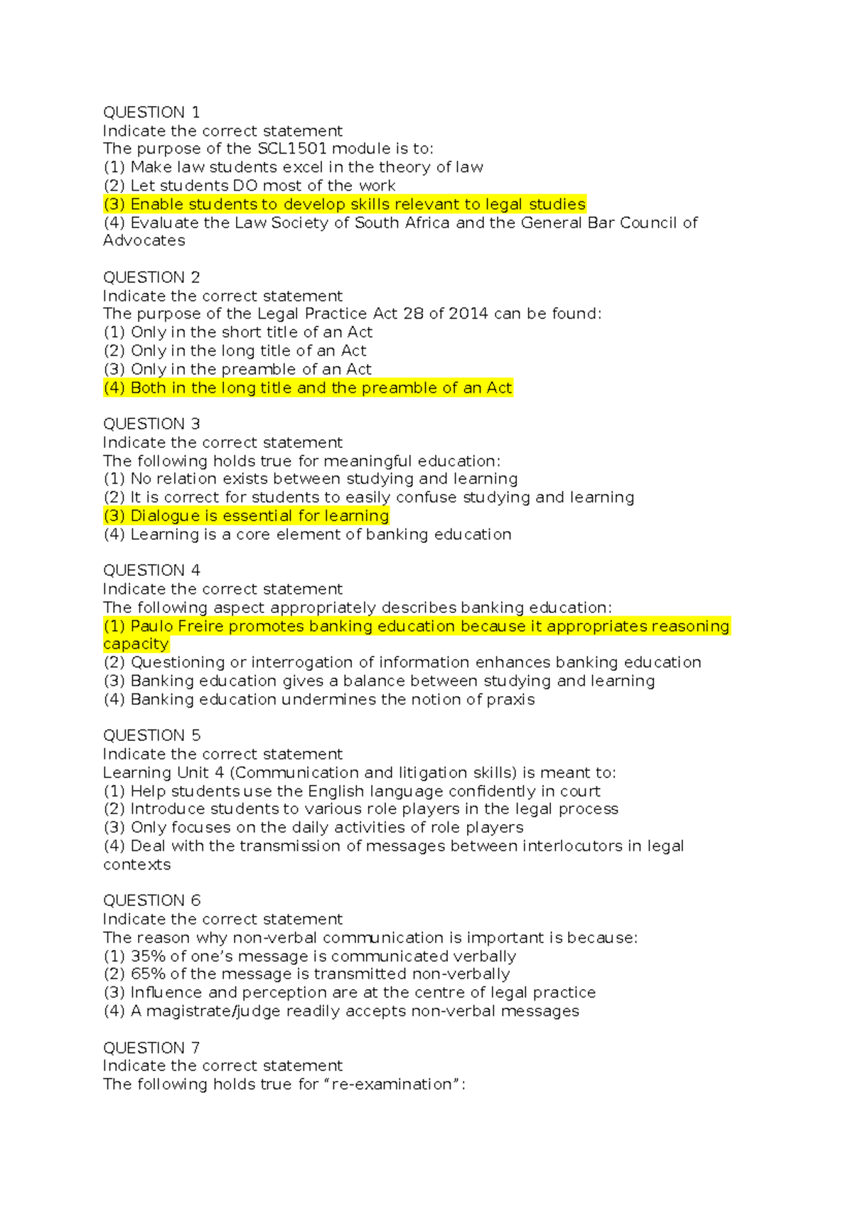 SCL MCQ Questions - SCL - QUESTION 1 Indicate the correct statement The ...