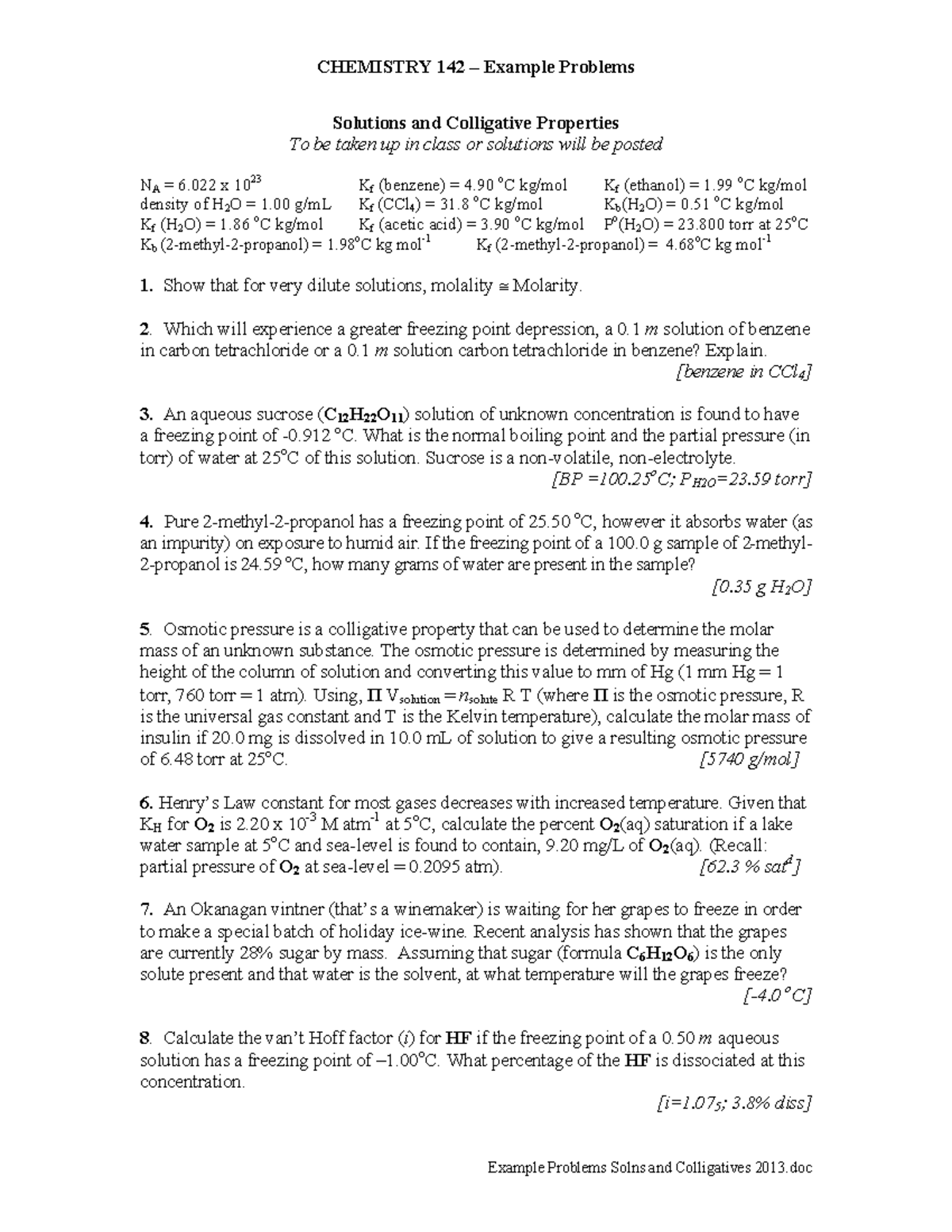 Example Problems Solns and Colligatives 2013 - CHEMISTRY 1 42 – Example ...