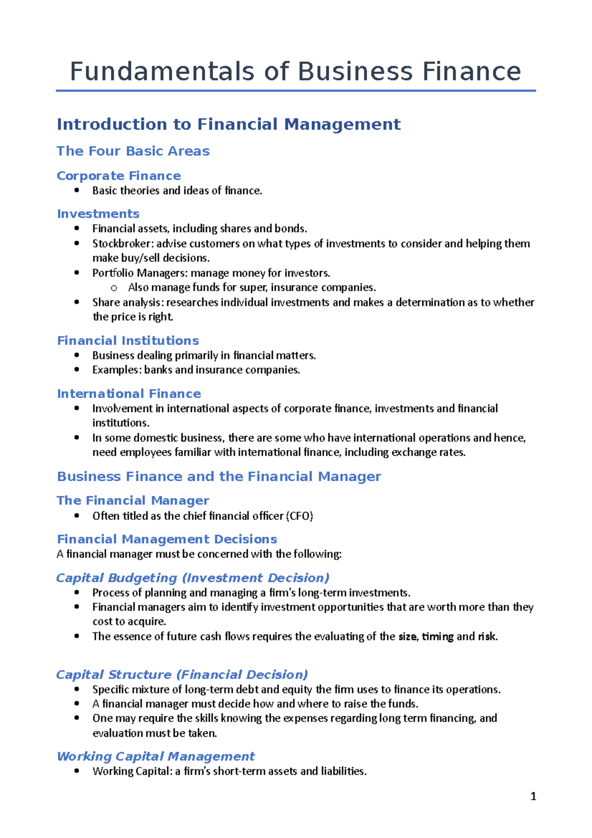 FBF Notes - Fundamentals of Business Finance Introduction to Financial ...