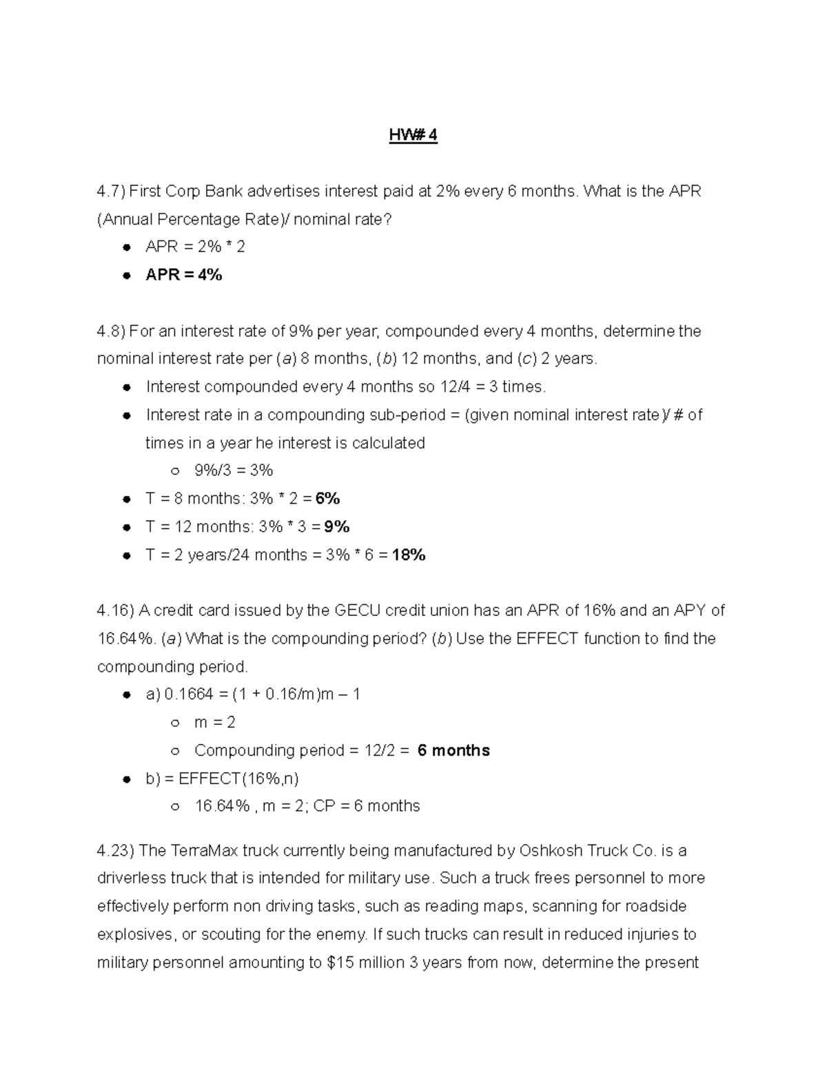 Hw4 - questions and answers to homework 4 - HW# 4 First Corp Bank advertises interest paid at 2% ...
