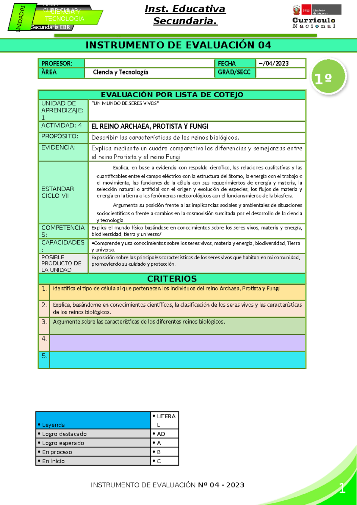 D1º LC ACT 4 -CYT-U1 - ayuda - CIENCIA Y TECNOLOGIA UNIDAD Secundaria EBR ÁREA CURRICULAR Inst ...