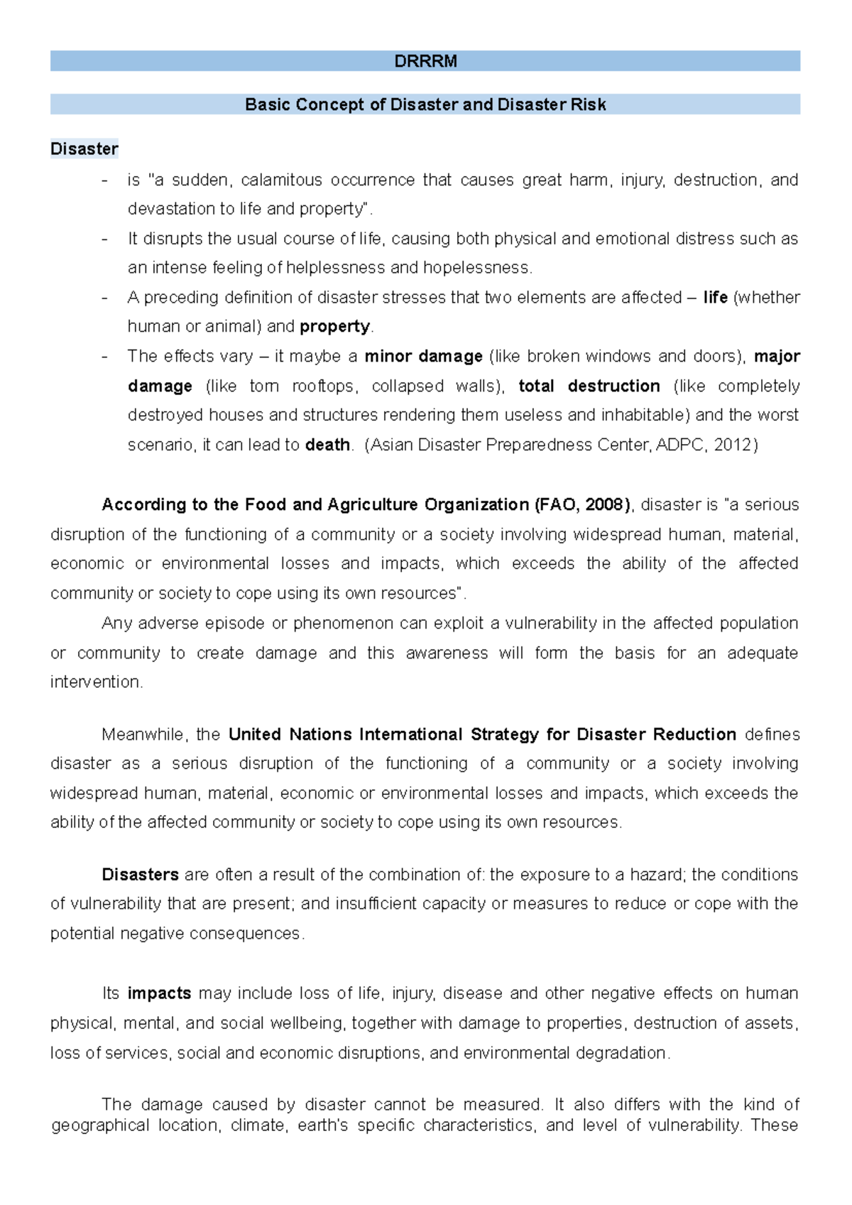 Drrrm reviewer - DRRRM Basic Concept of Disaster and Disaster Risk ...