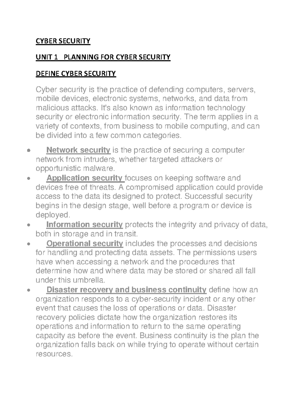 Cyber Security UNIT 1 FULL-1 - CYBER SECURITY UNIT 1 PLANNING FOR CYBER SECURITY DEFINE CYBER ...