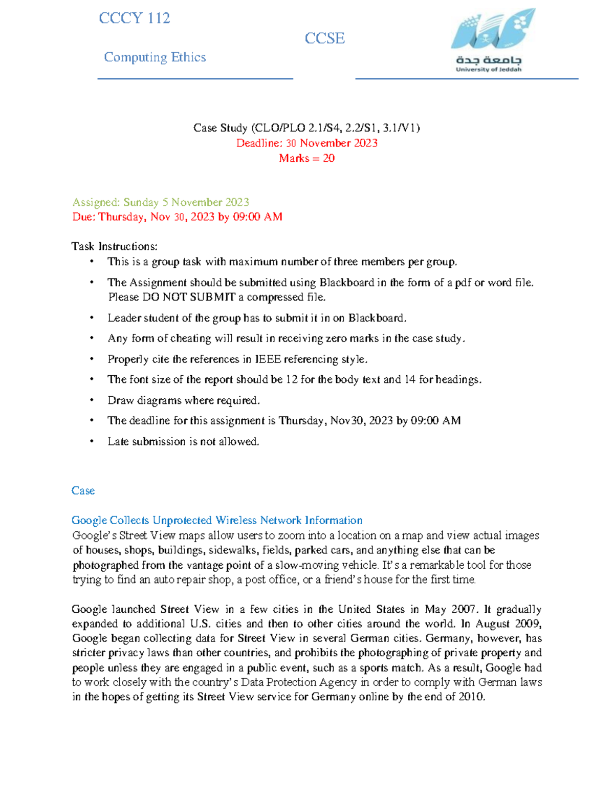 Case Study(1) - CCCY 112 CCSE Computing Ethics Case Study (CLO/PLO 2/S4, 2/S1, 3/V1) Deadline ...