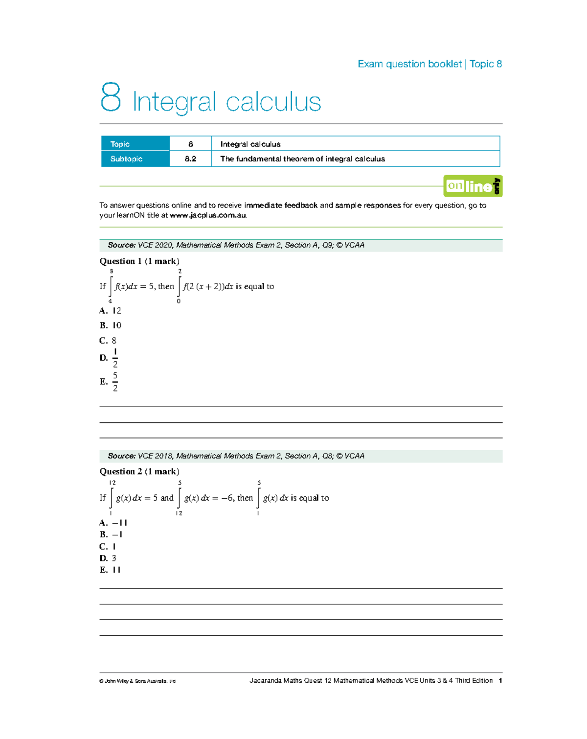 Ch8 Exam question booklet - Exam question booklet | Topic 8 8 Integral ...