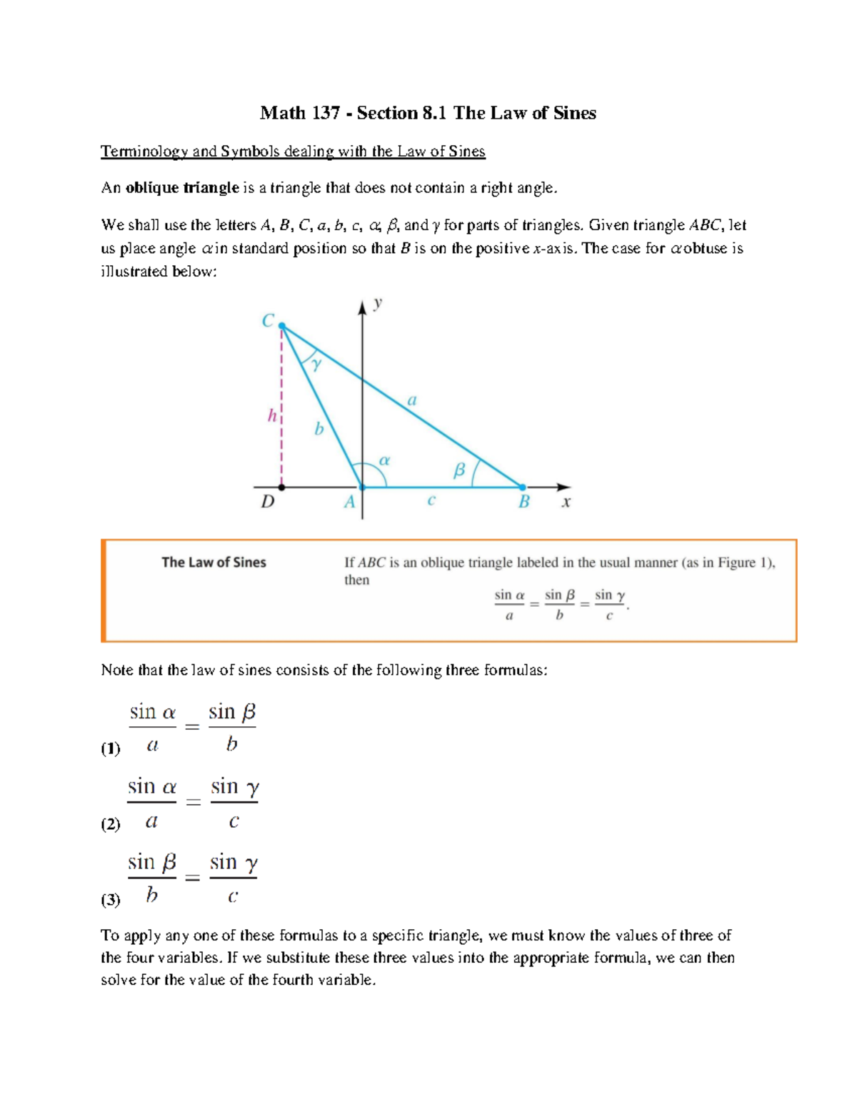 Math 137 Section 8.1 Notes - Math 137 - Section 8 The Law of Sines ...