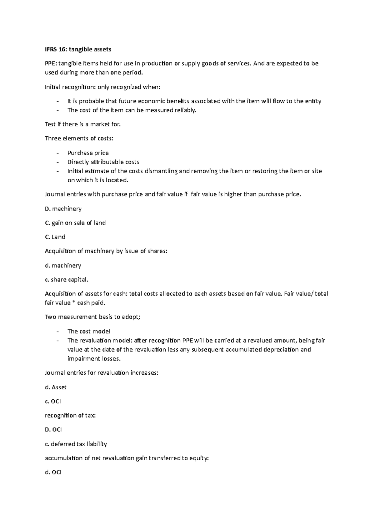 Aantekeningen IFRS IFRS 16 Tangible Assets PPE Tangible Items Held