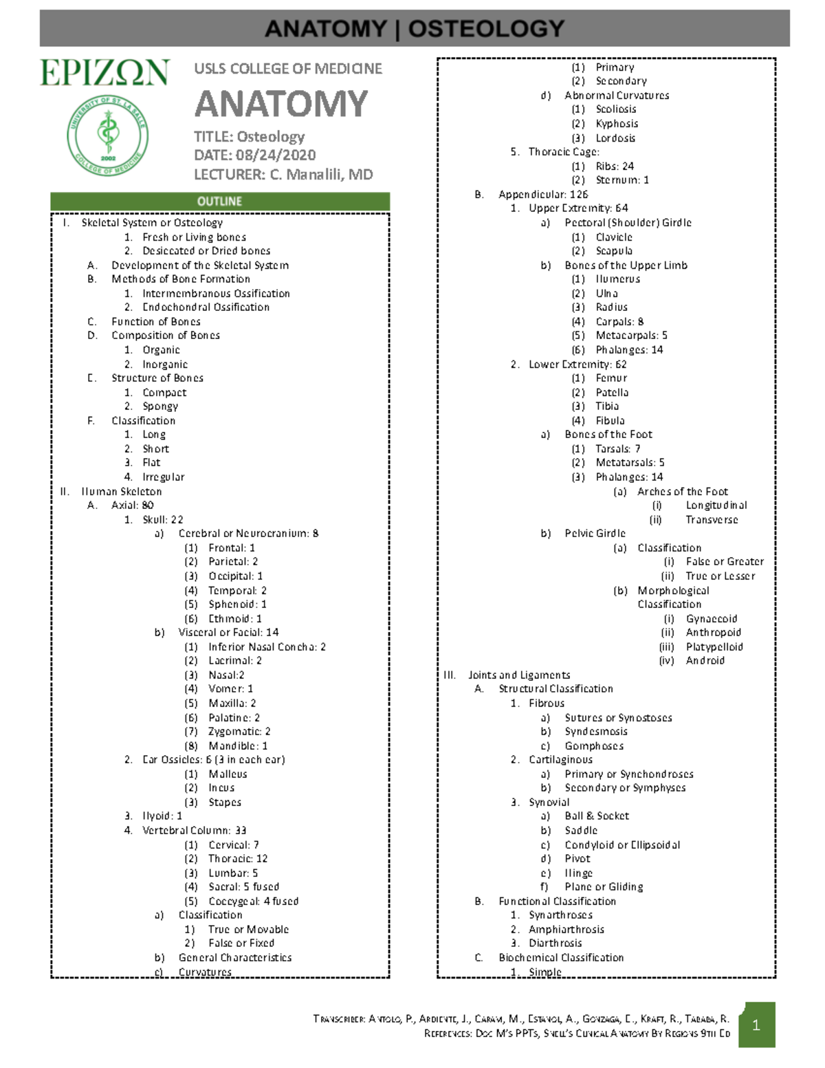2 Osteology - bones - USLS COLLEGE OF MEDICINE ANATOMY TITLE: Osteology ...