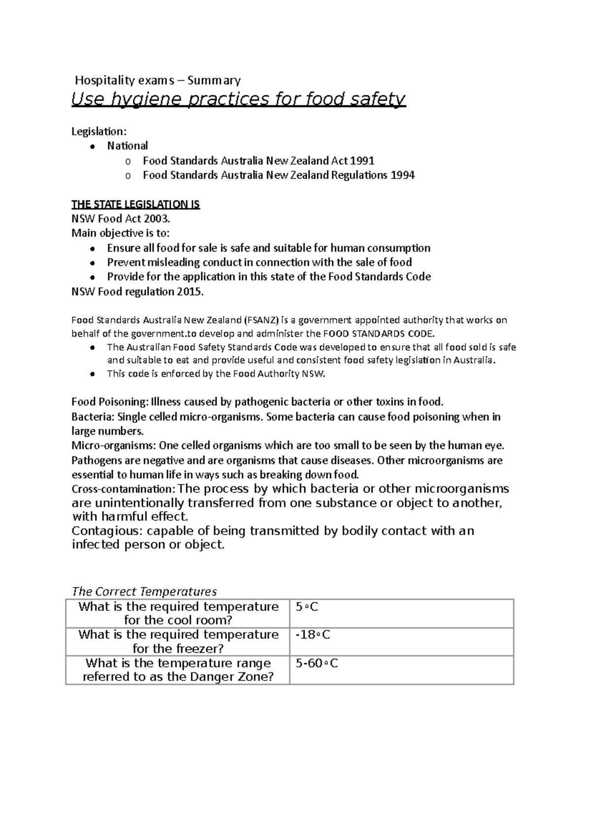 overall hospo notes - Hospitality exams – Summary Use hygiene practices ...