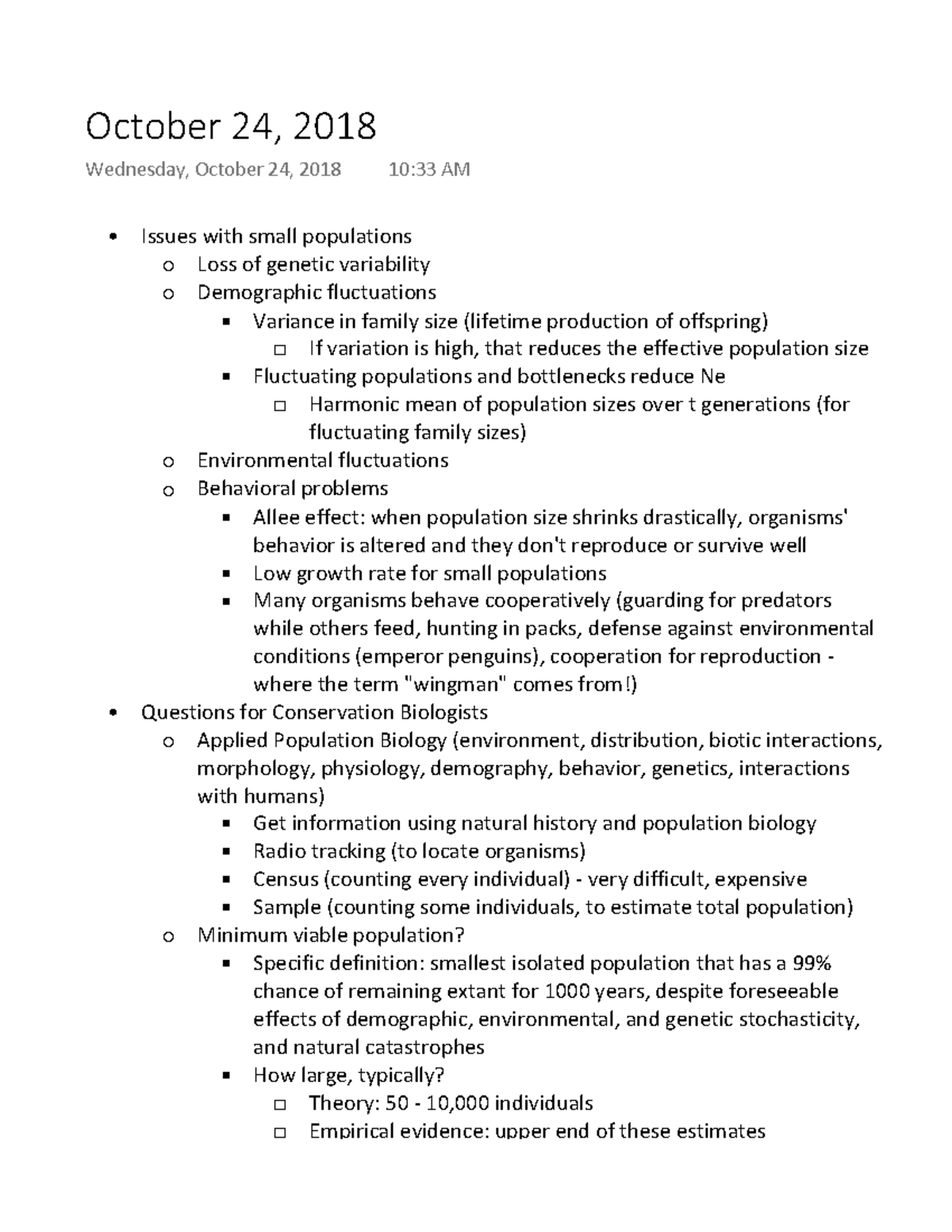 Issues with Small Populations - Issues with small populations Loss of ...