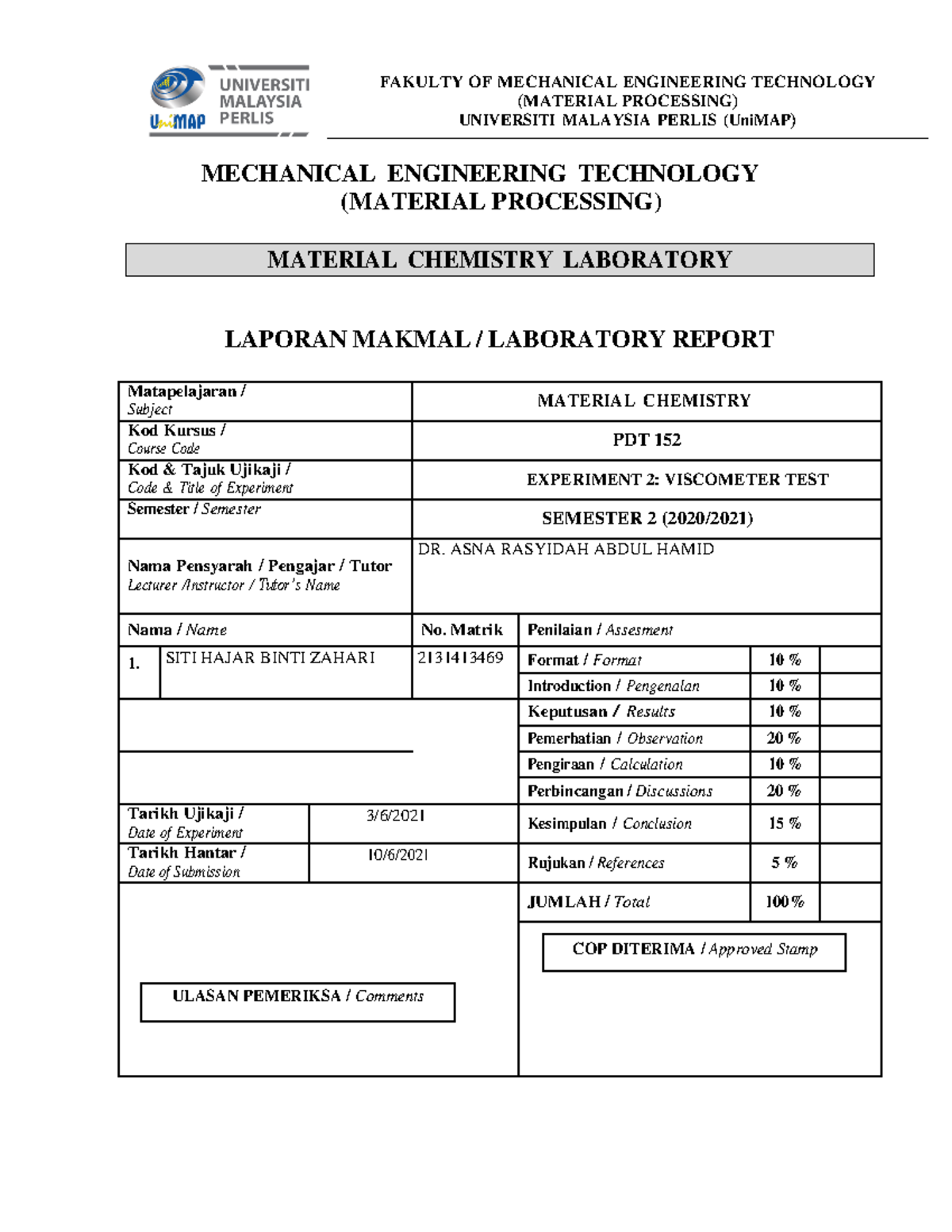 Contoh LAB Report - lWAdwde - MATERIAL CHEMISTRY LABORATORY FAKULTY OF ...