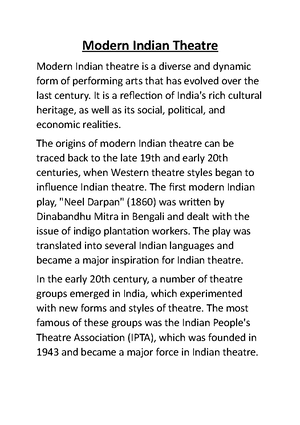 Modern Indian Theatre 2 - saw the emergence of Indian playwrights who ...