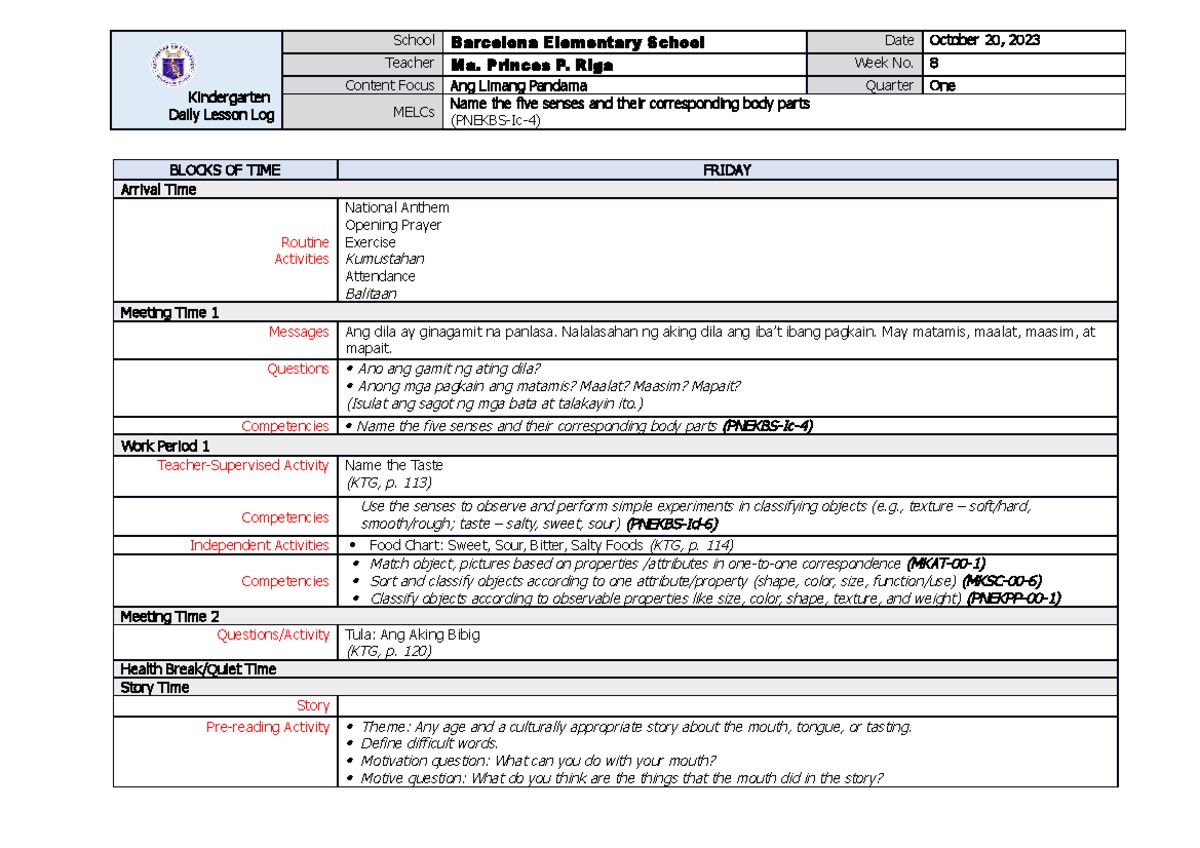 WEEK 8 DAY 5 - Daily Lesson Log - Kindergarten Daily Lesson Log School ...