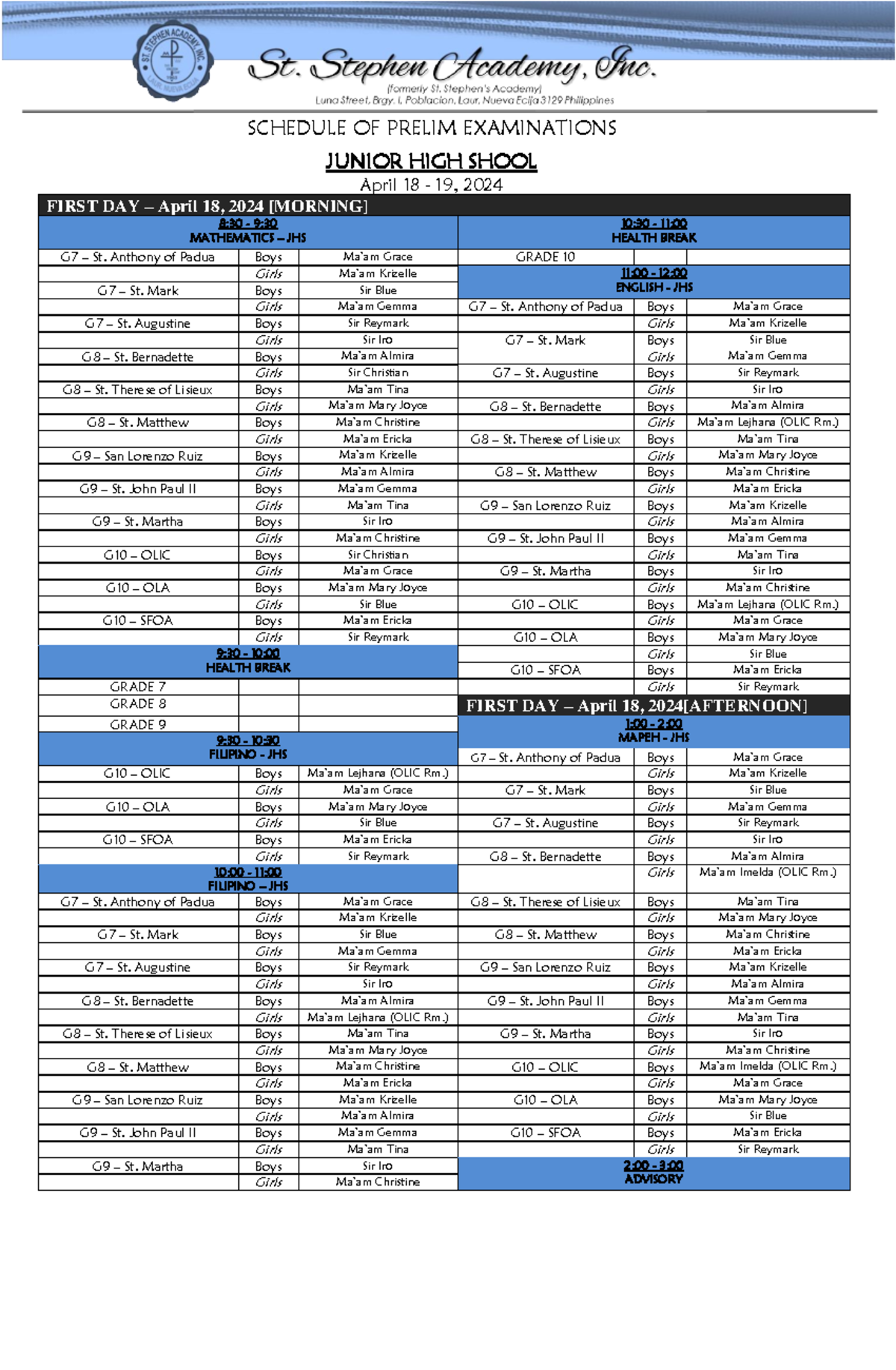 JHS Schedule of 4th Quarter Prelim Exam SY - SCHEDULE OF PRELIM ...