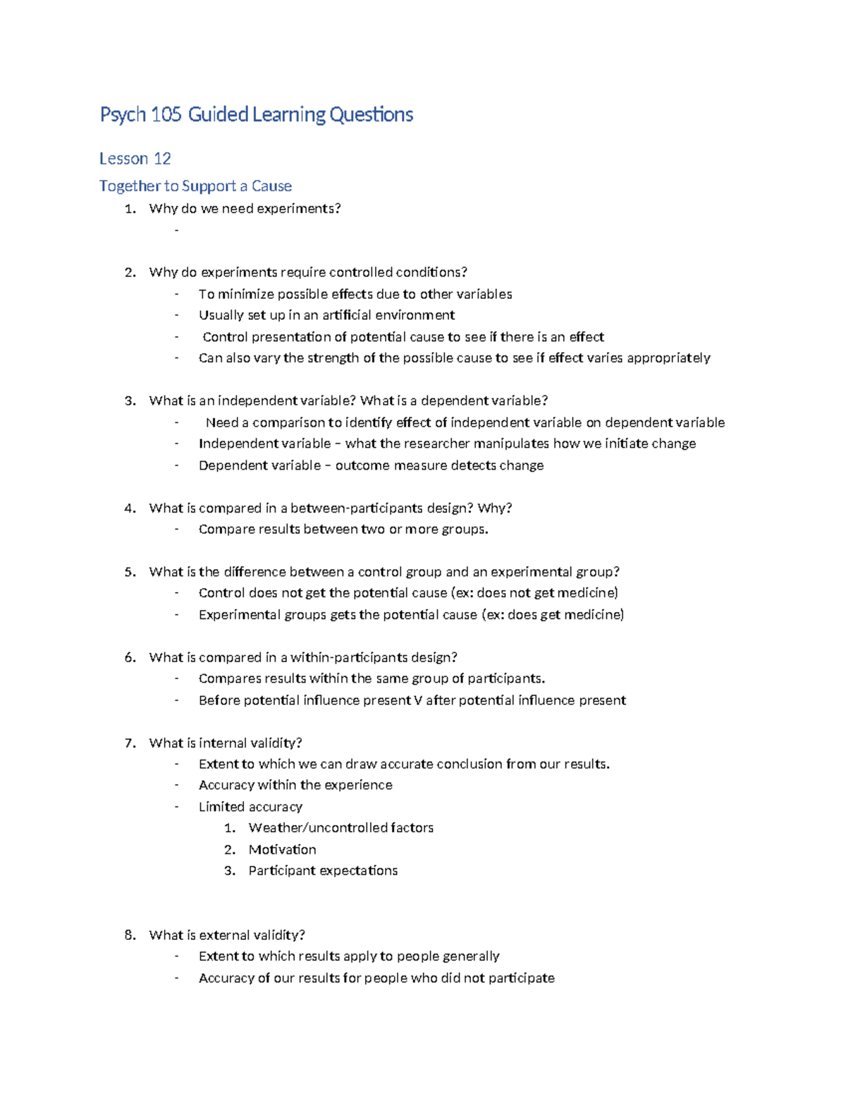 Lesson 12 -PSY - Psych 105 Guided Learning Questions Lesson 12 Together ...