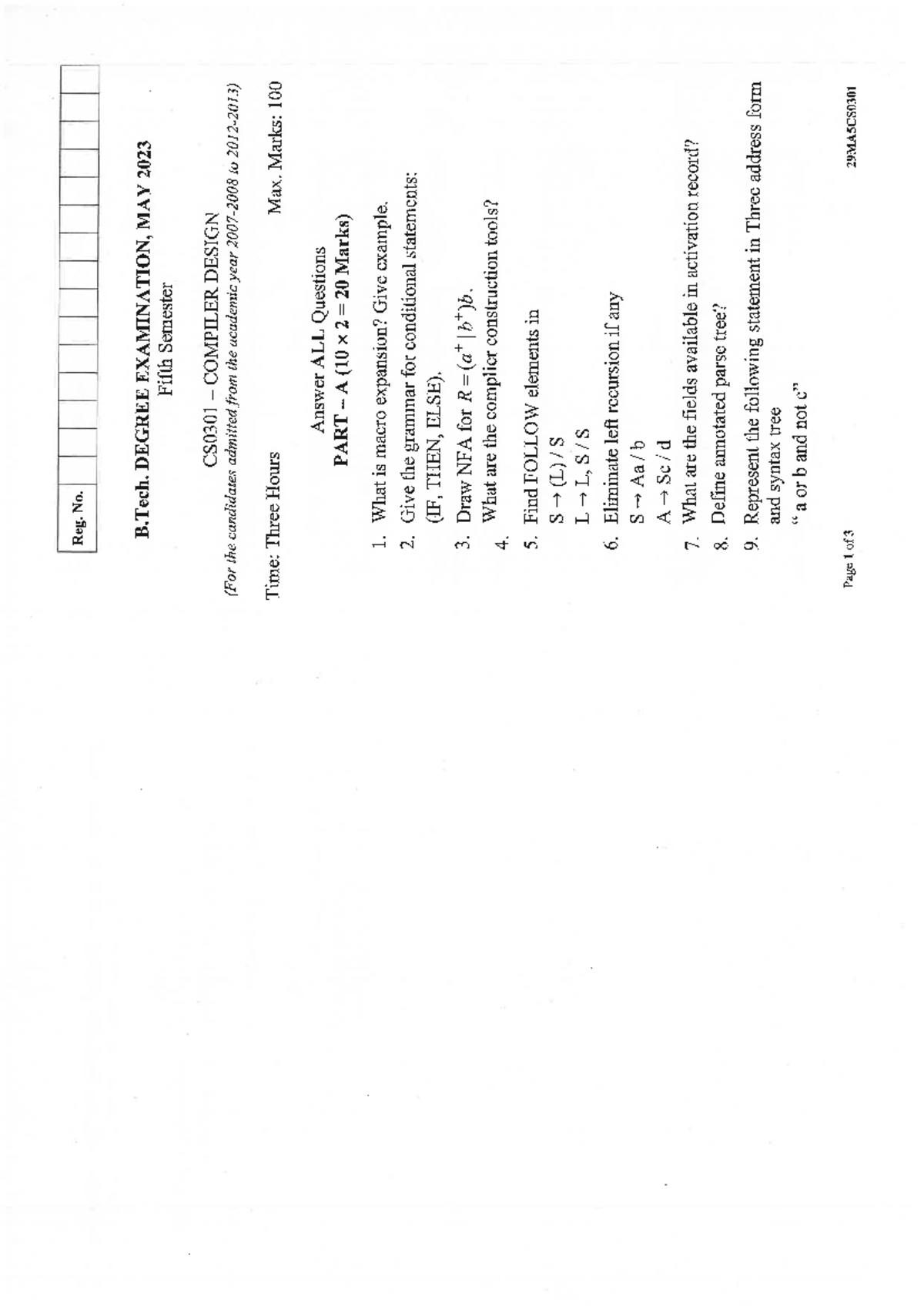 Compiler Design Semester question paper CS0301 - Studocu