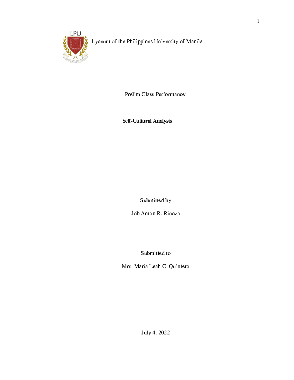Self Cultural Analysis - Rinoza - 1 Lyceum of the Philippines ...