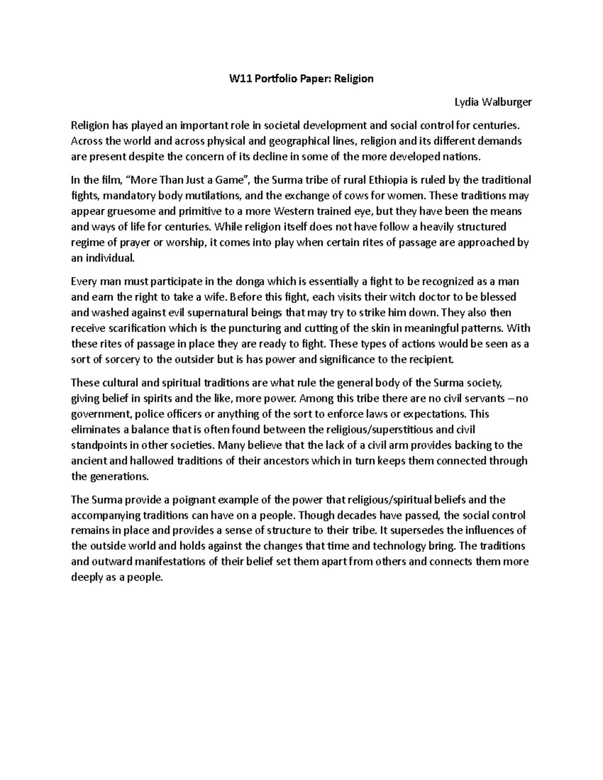 Week 11 Portfolio Paper - Religion - W11 Portfolio Paper: Religion ...