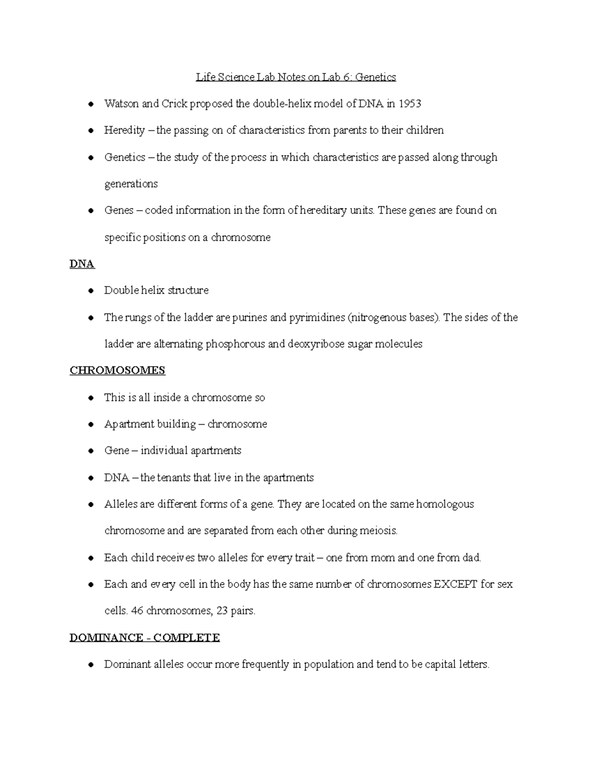 Life Science Lab Notes on Lab 6 Genetics - Life Science Lab Notes on ...