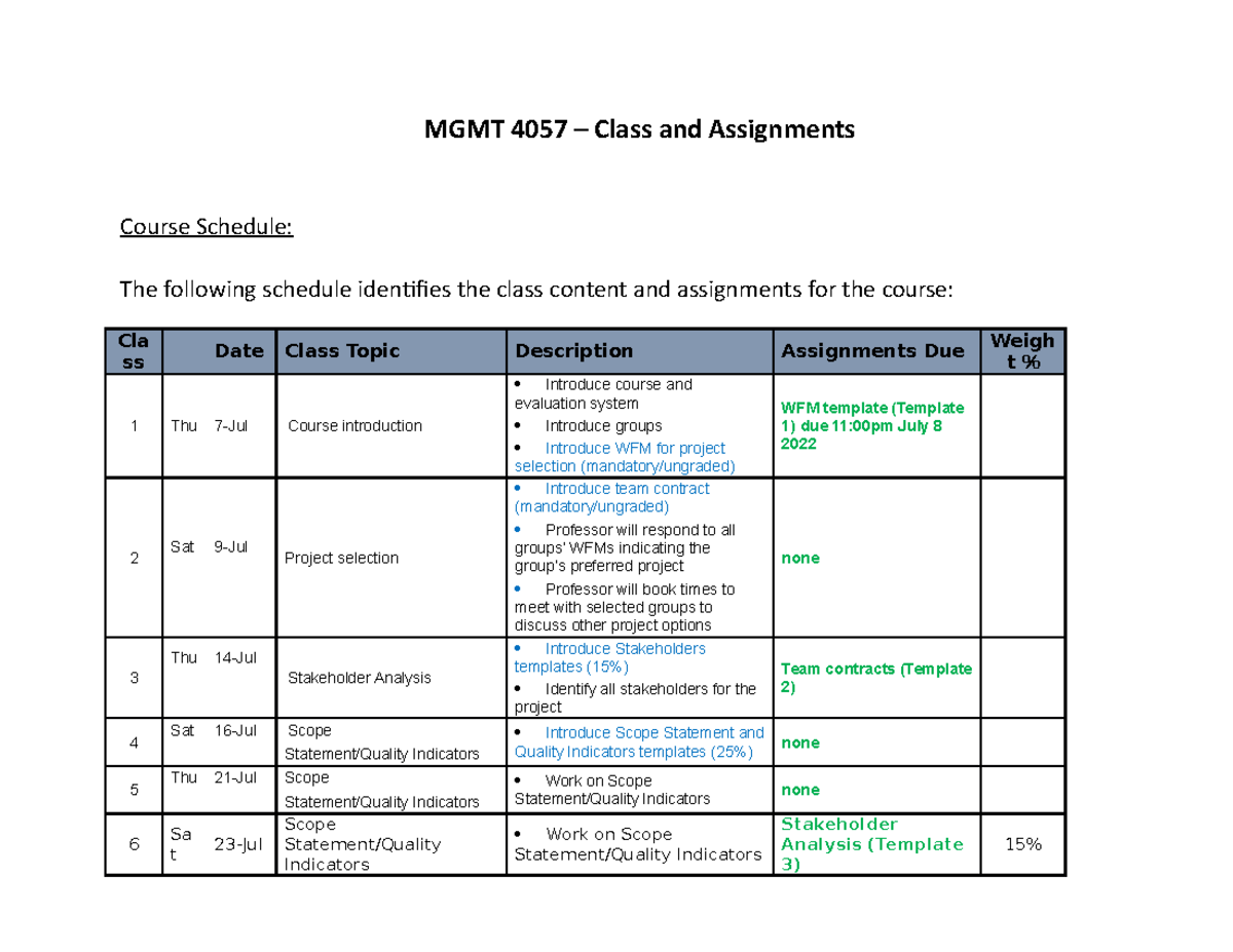 MGMT4057 - Class and Assignments Schedule Summer 2022 - Course Schedule: MGMT 4057 – Class and ...