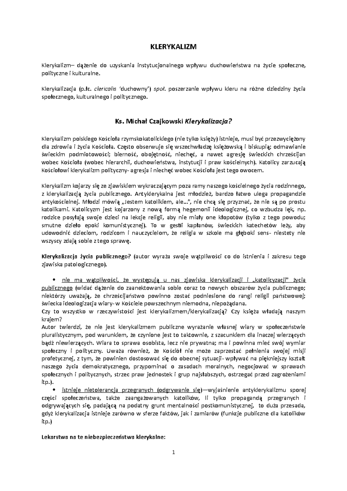 Klerykalizm - Edukacja obywatelska UAM WSE - KLERYKALIZM Klerykalizm– dążenie do uzyskania - Studocu