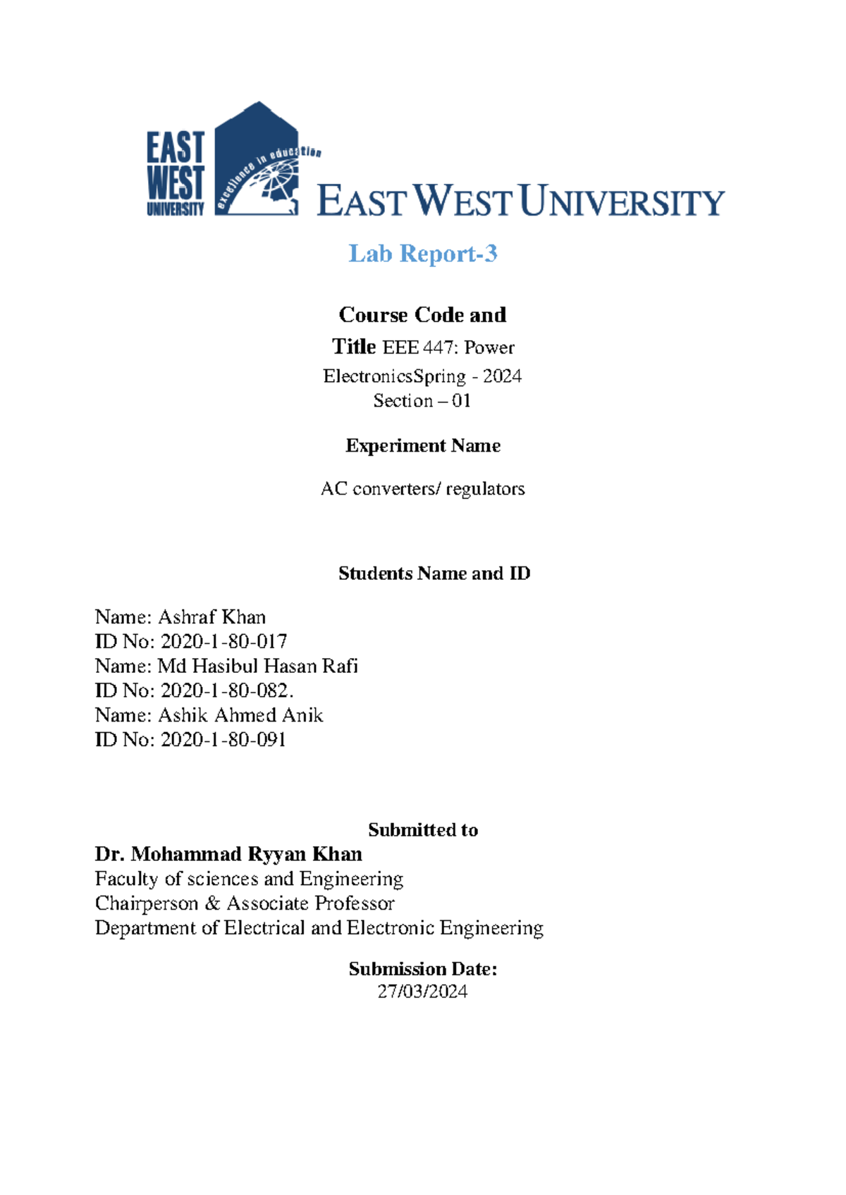 EEE447 Group 10 Lab 3 - Lab Report- 3 Course Code and Title EEE 447: Power ElectronicsSpring ...