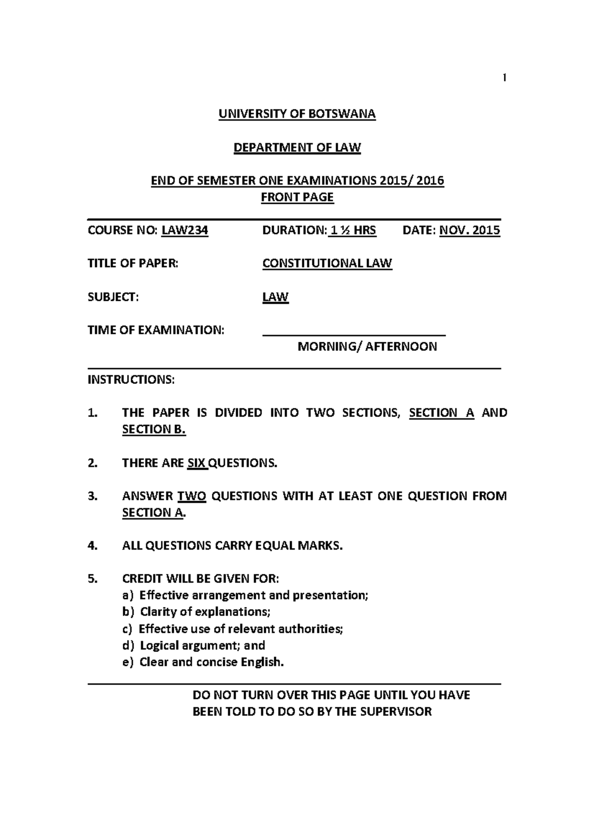 Const 5 - past papers for studying - UNIVERSITY OF BOTSWANA DEPARTMENT OF LAW END OF SEMESTER ...