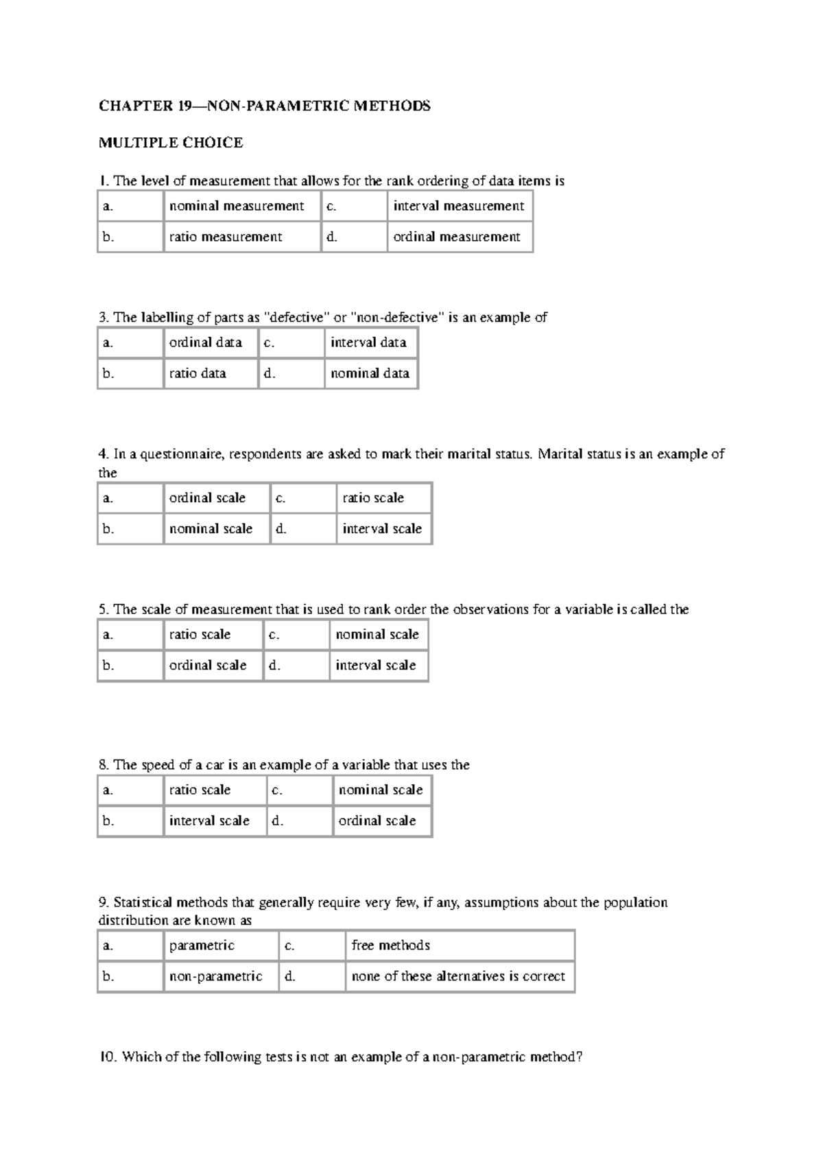 Multiple choice questions, chapter 19- Non-parametric Methods - CHAPTER 19—NON-PARAMETRIC ...