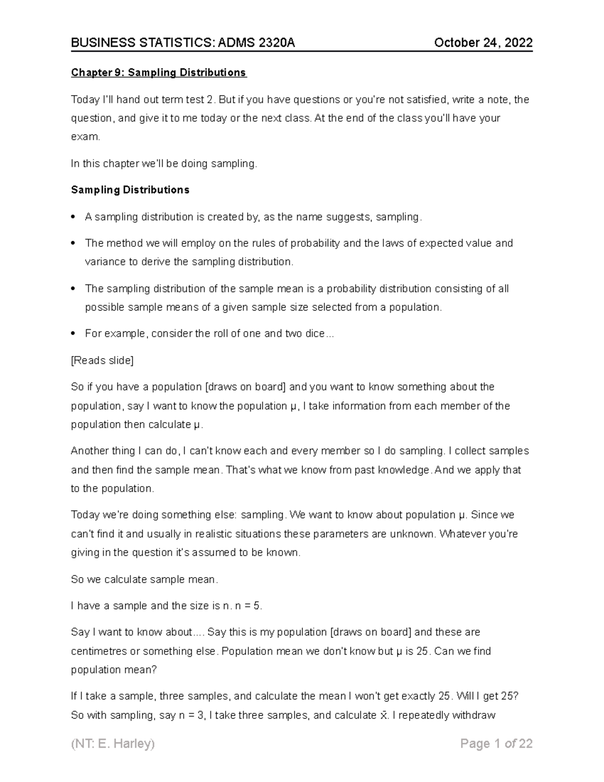 ADMS 2320 Business Stats. 24OCT2022 - Chapter 9: Sampling Distributions ...