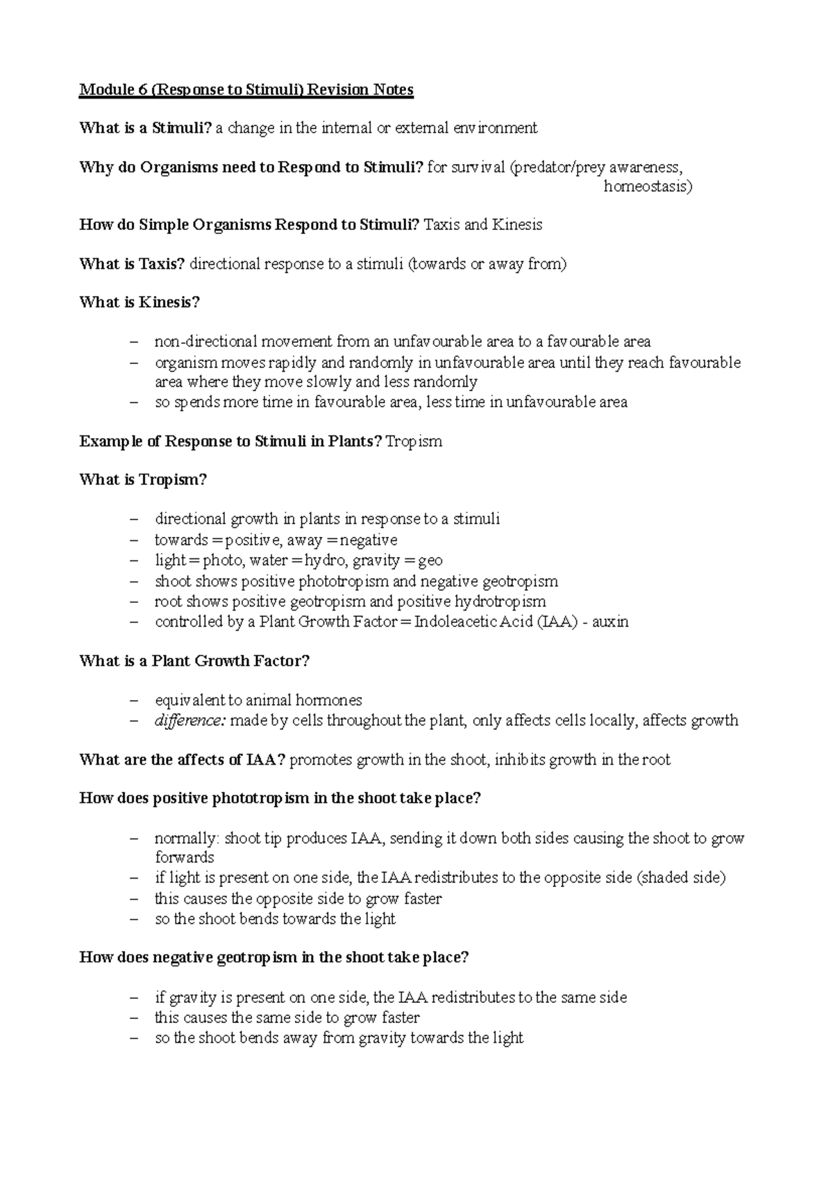 AQA Module 6 Revision Notes - Module 6 (Response to Stimuli) Revision ...