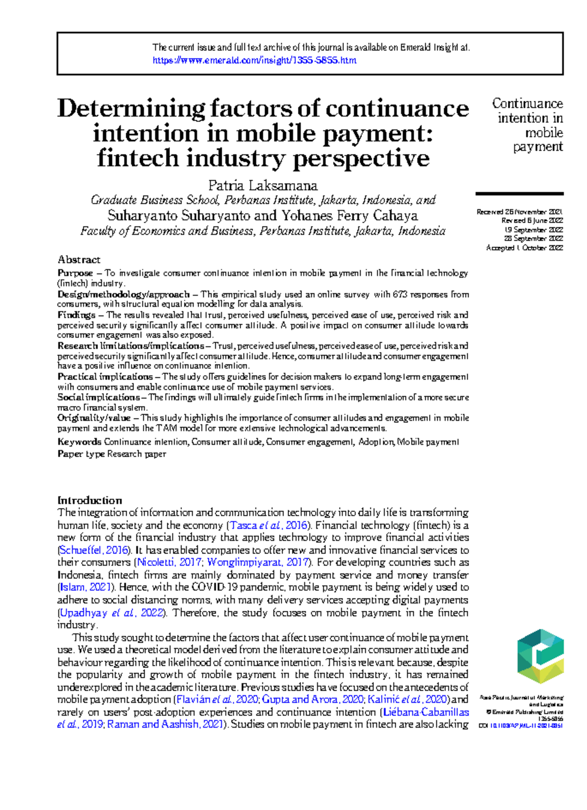 6. Factor for continuing intention in mobile Payment - Determining factors of continuance ...