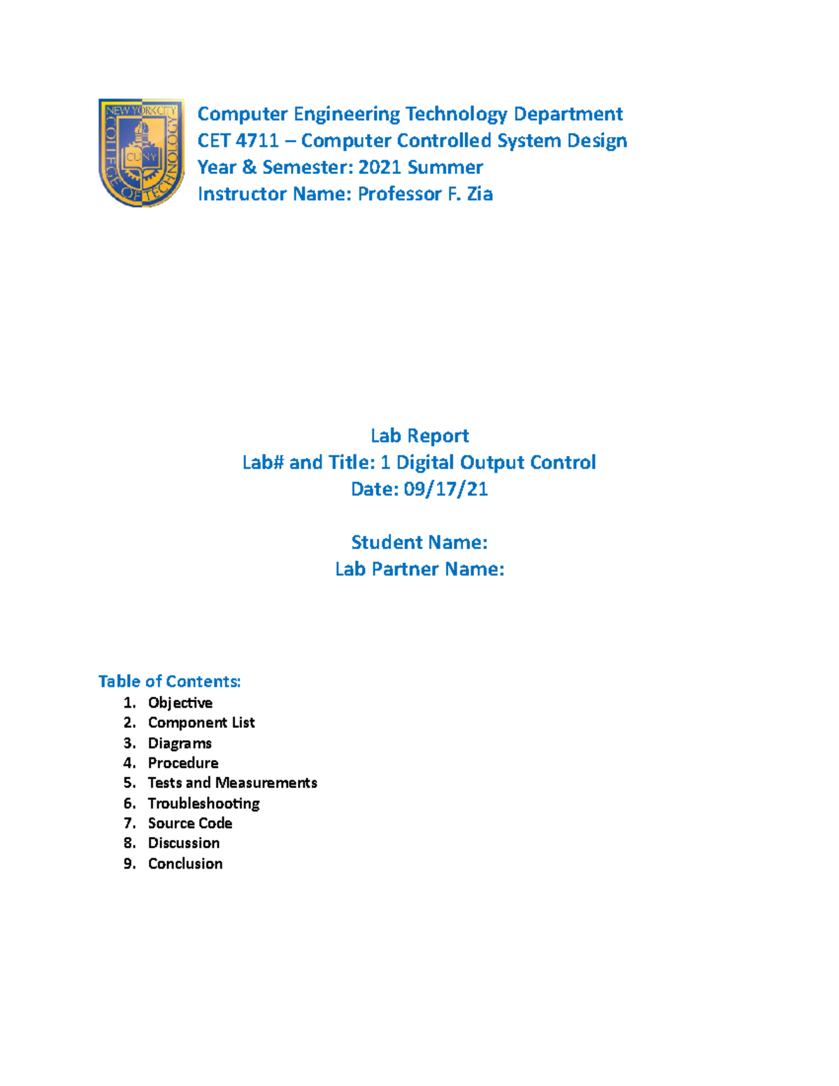 CET 4711 Lab 1 Digital Output Control - Computer Engineering Technology Department CET 4711 ...
