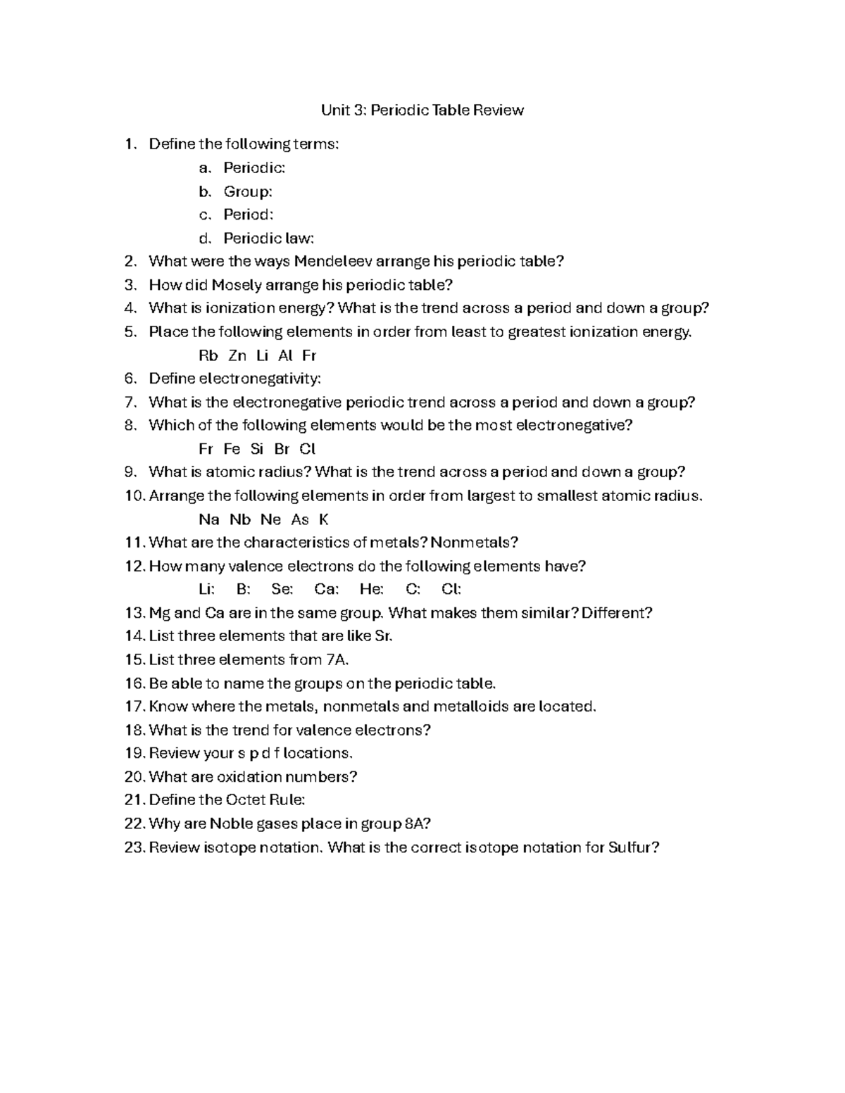 Unit 3 Review - CHEMISTY unit 3 notes - Unit 3: Periodic Table Review ...