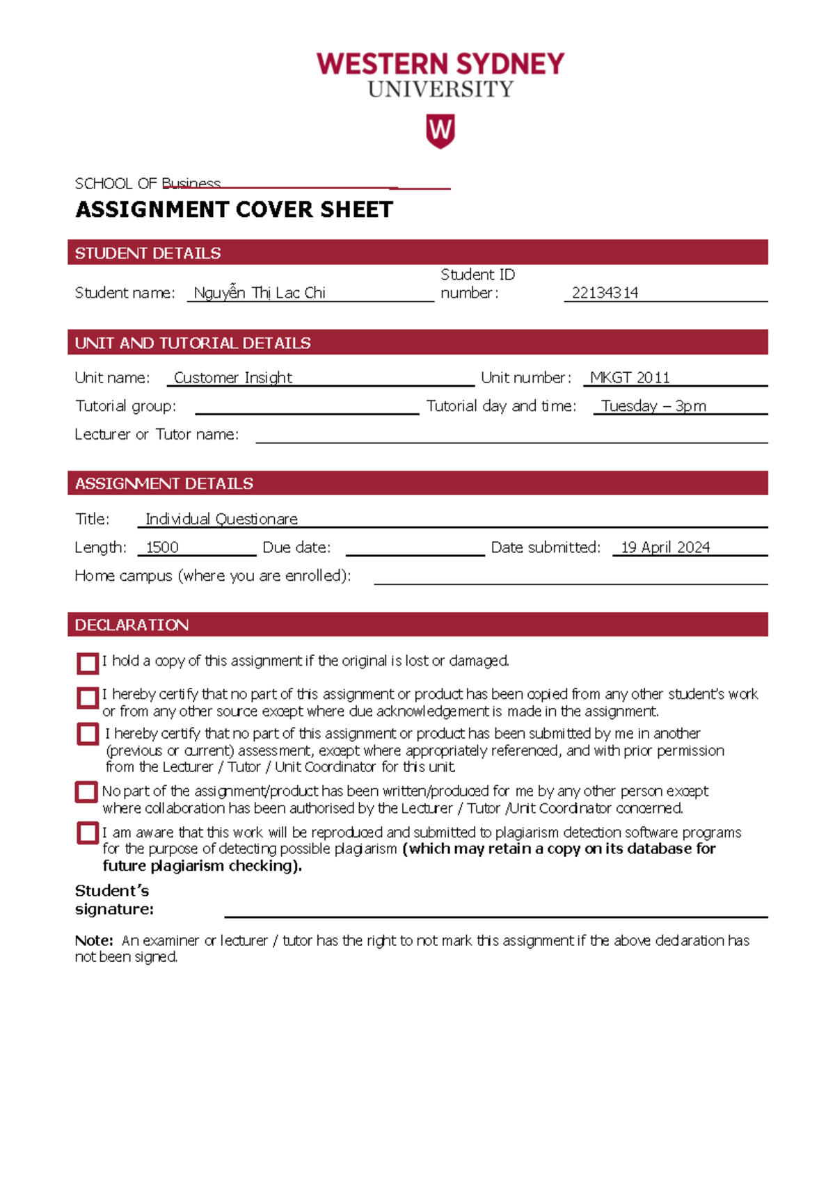 Customer Insight ( main) - SCHOOL OF Business ASSIGNMENT COVER SHEET ...