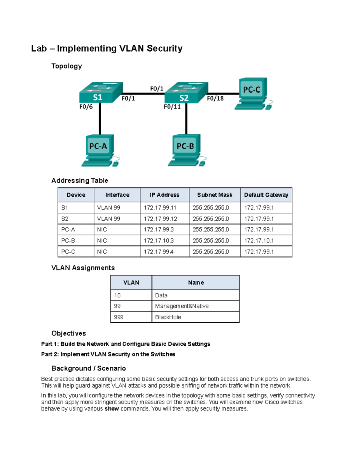3322 Lab Implementing Vlan Security Topology Addressing Table Device Interface Ip Address