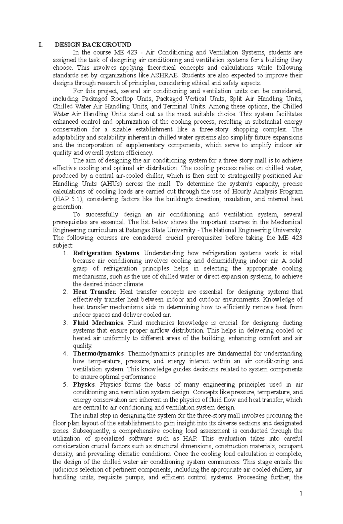 Designing HVAC System - I. DESIGN BACKGROUND In the course ME 423 - Air ...