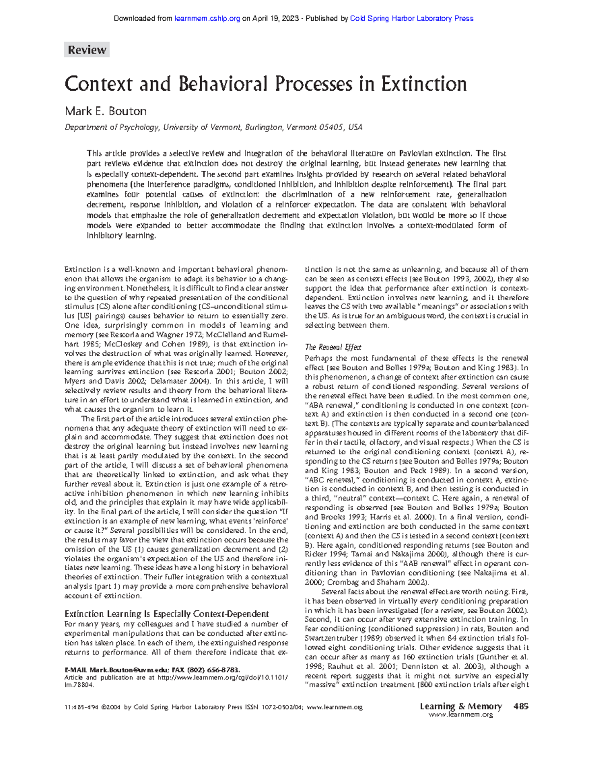 Context and Behavioral Processes in Extinction Mark E. Bouton - Review ...
