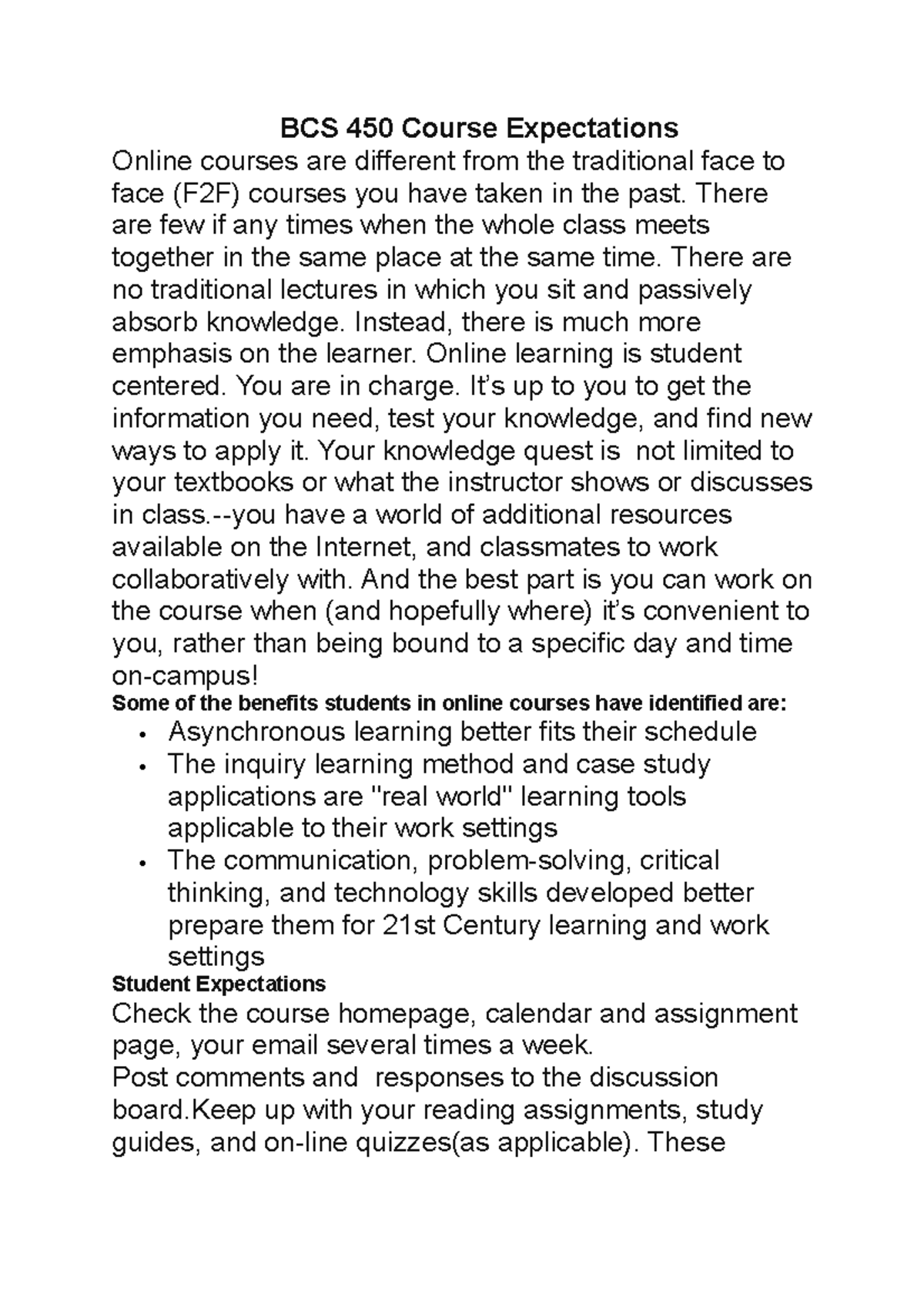 BCS 450 Course Expectations - BCS 450 Course Expectations Online ...