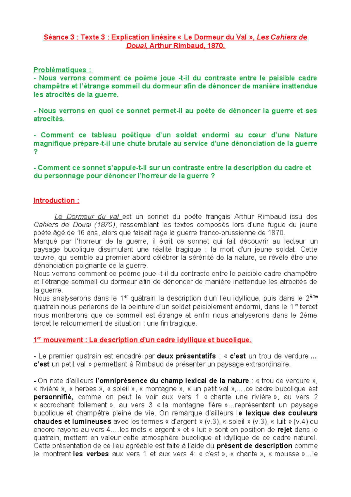 Texte 3 EL Le dormeur du val - Séance 3 : Texte 3 : Explication ...