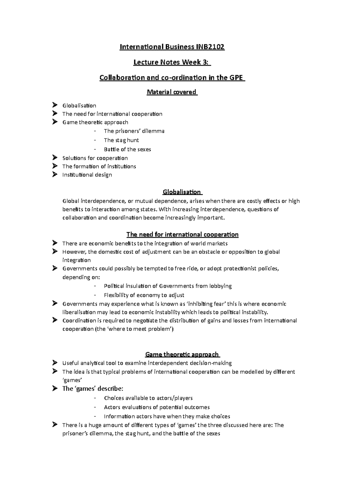 INB2102 International Business Lecture notes week 3: Collaboration and ...