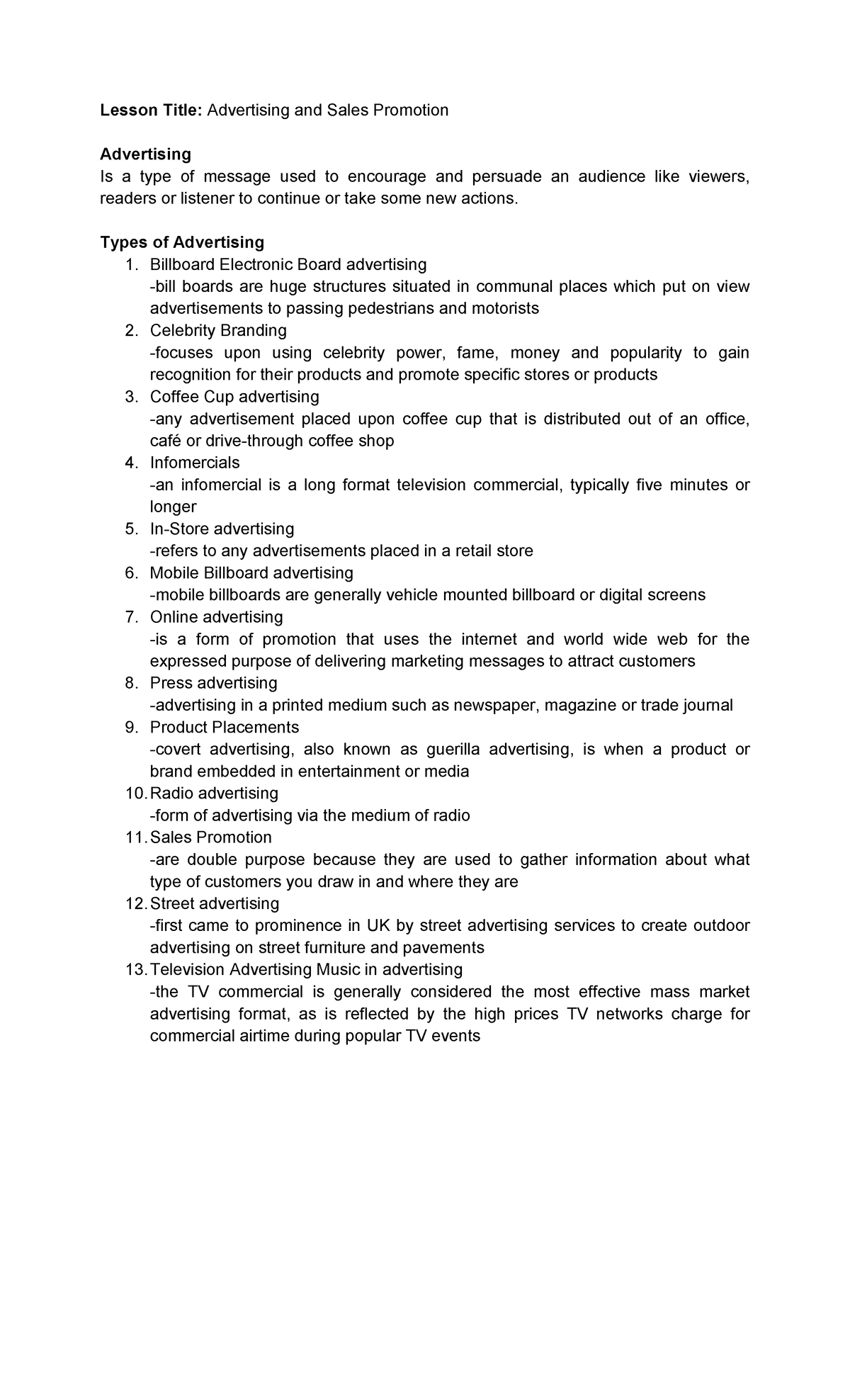 Advertising and Sales Promotion - Lesson Title: Advertising and Sales ...