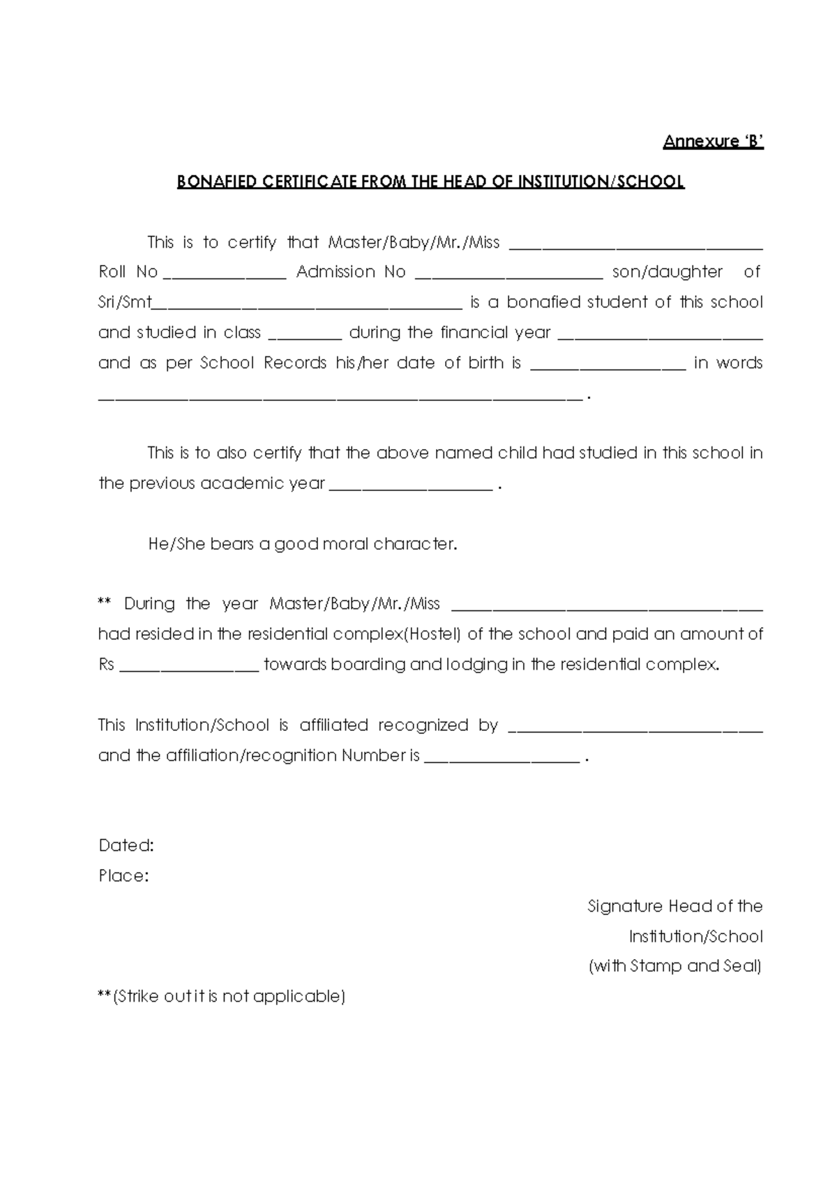 Bonafied Certificate Form - Annexure ‘B’ BONAFIED CERTIFICATE FROM THE ...