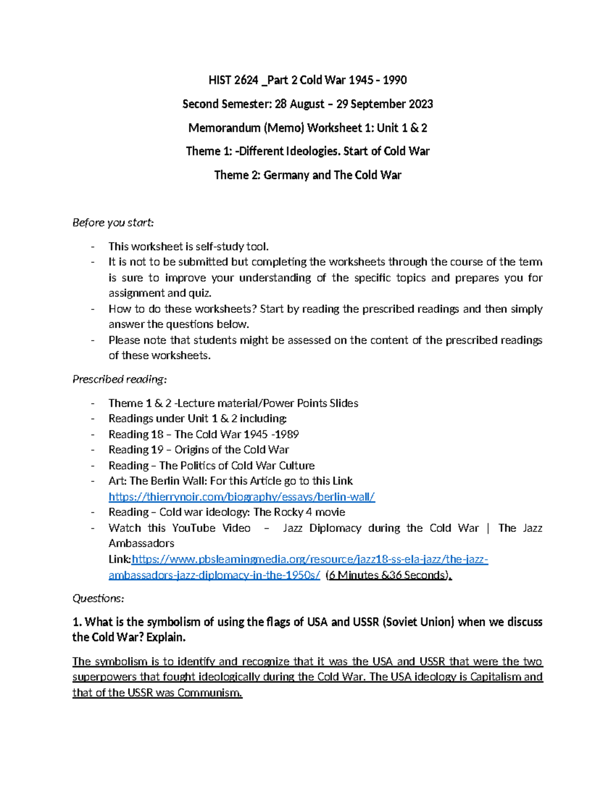 Memorandum (Memo) For Worksheet 1 Unit 1 Different Ideologies Start of ...