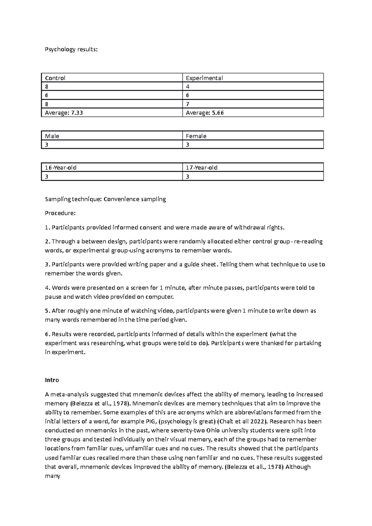 Psychology results - PSHYCHO - Psychology results: Control Experimental ...
