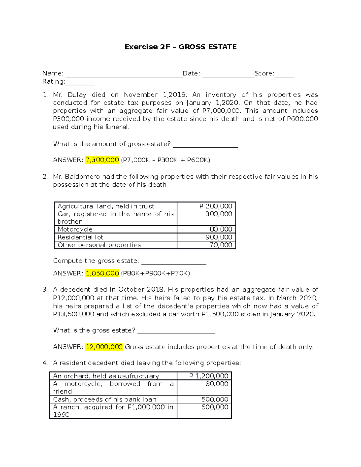 Exercise 2F Gross Estate Answer Key Exercise 2F GROSS ESTATE Name