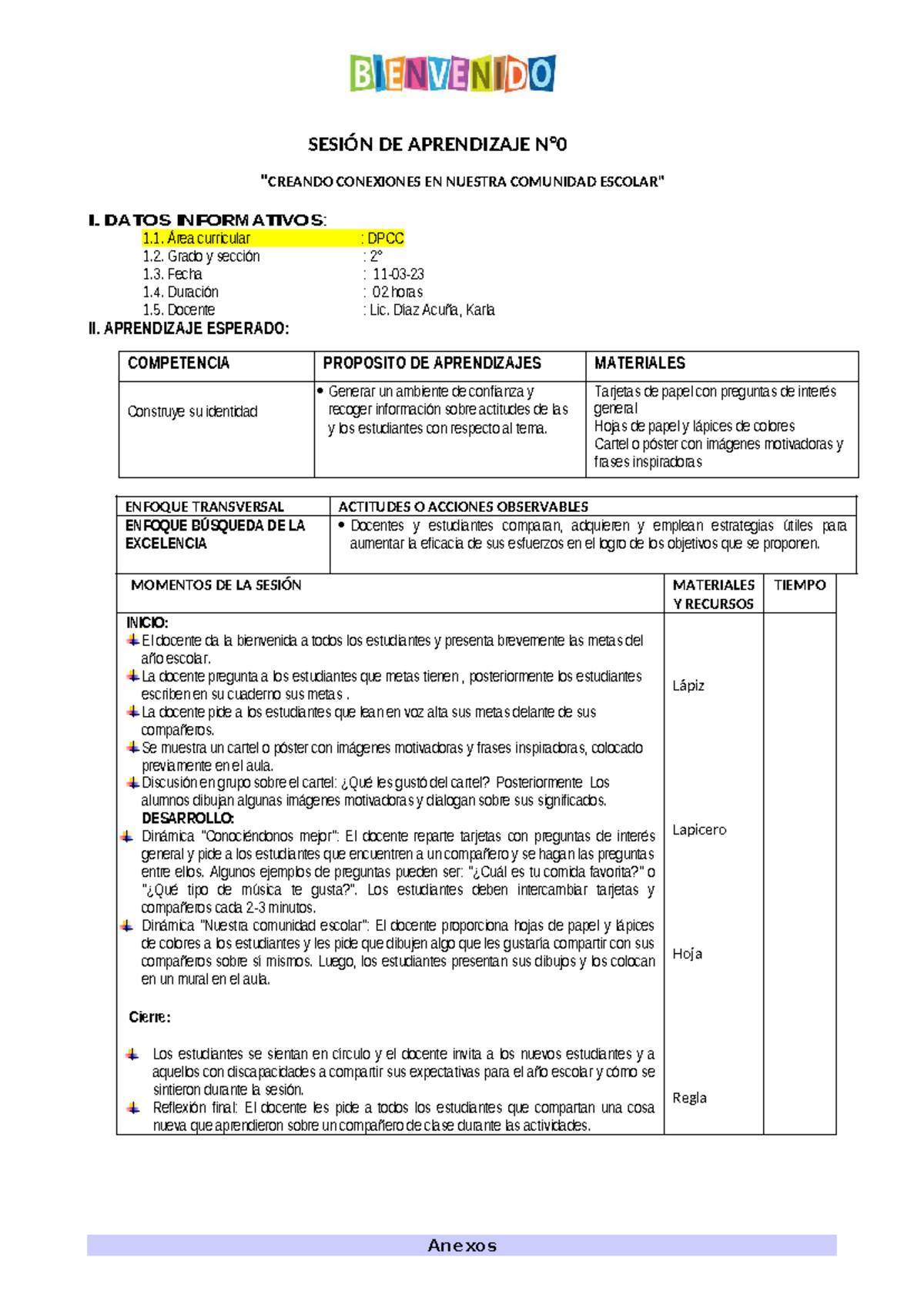 Sesion 0- Bienvenida DPCC Belissaaaaa - SESIÓN DE APRENDIZAJE N° "CREANDO CONEXIONES EN NUESTRA ...
