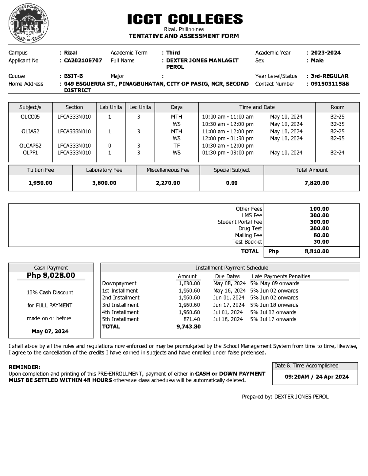 Tentative and Assessment Form - Rizal, Philippines TENTATIVE AND ...