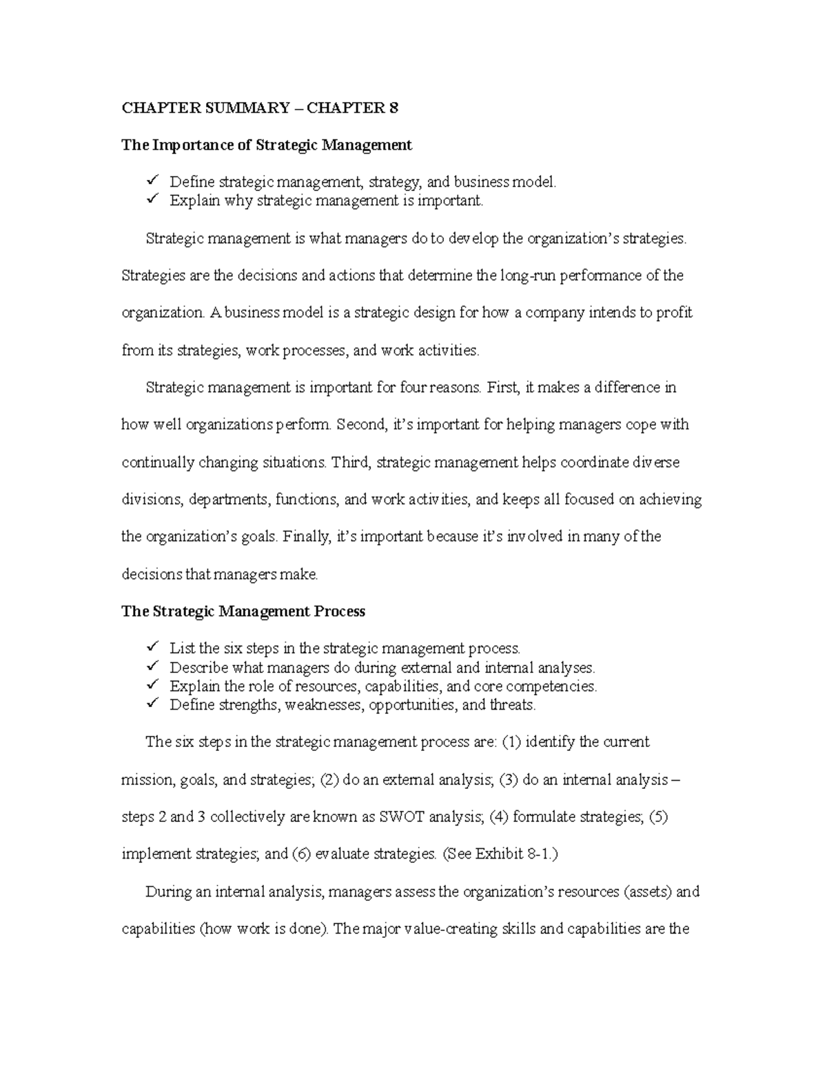 Ch08 Summary - RFQ - CHAPTER SUMMARY – CHAPTER 8 The Importance of Strategic Management Define ...