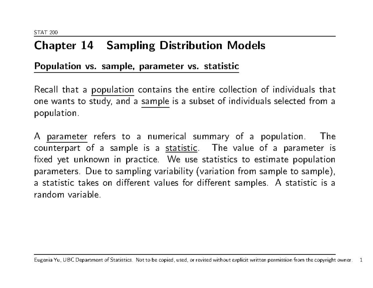 200ch14 slides - lecture notes - Chapter 14 Sampling Distribution ...