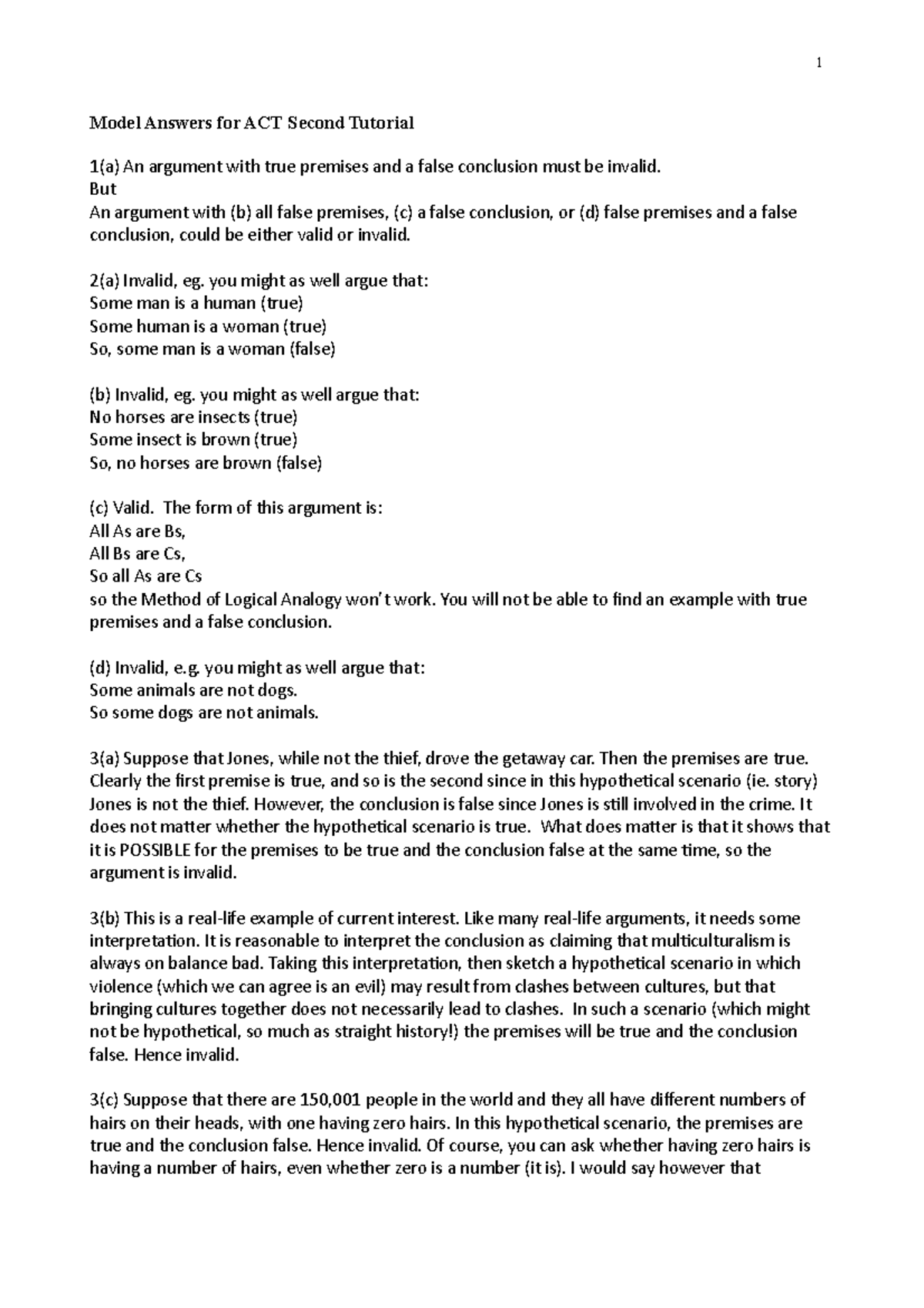 ACT 2nd Tute Answers - 1 Model Answers for ACT Second Tutorial 1(a) An ...